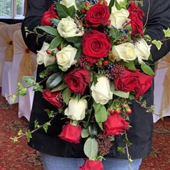 Red and white rose tear drop bouquet